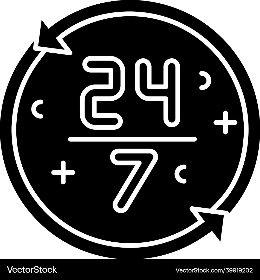 Nonstop service black glyph icon 24 7 hours store Vector Image