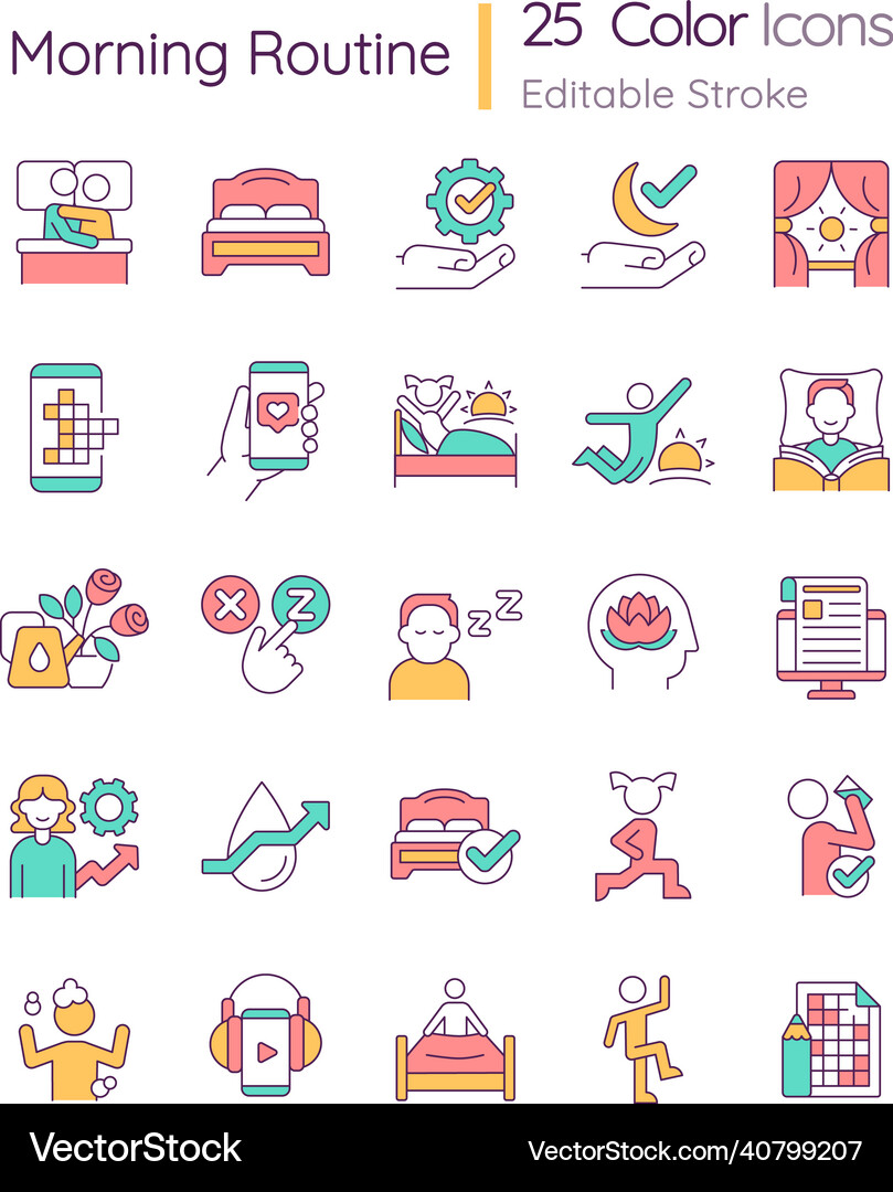 Morning routine rgb color icons set Royalty Free Vector