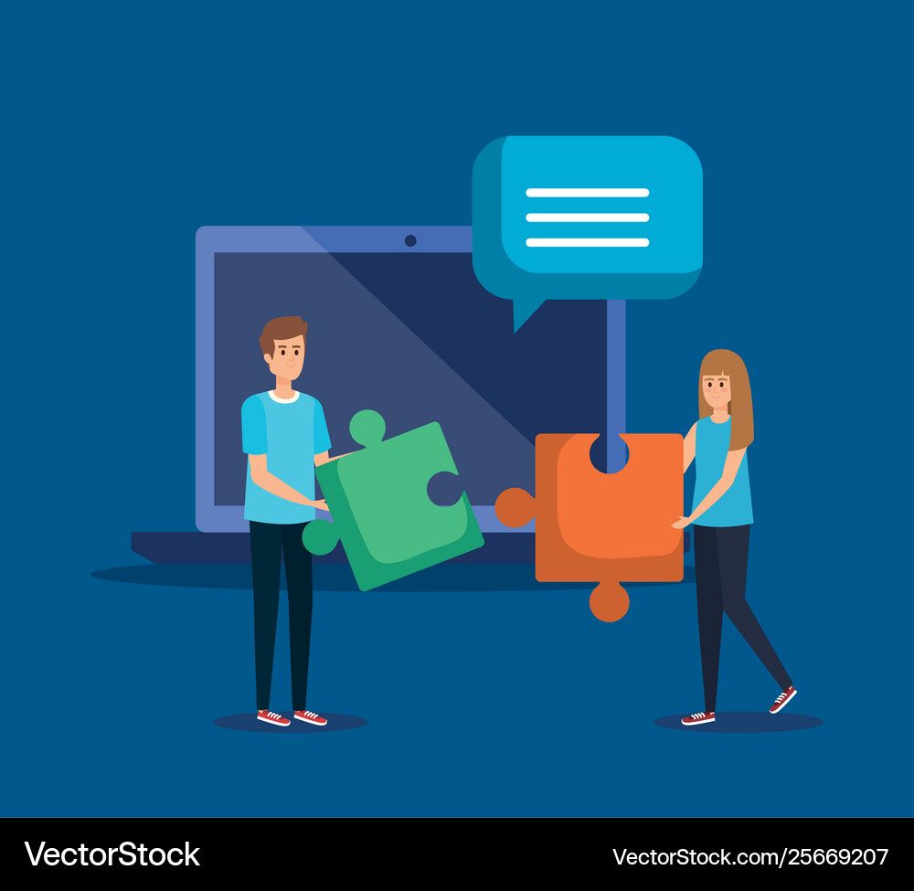 Woman and man with puzzles chat bubble Royalty Free Vector