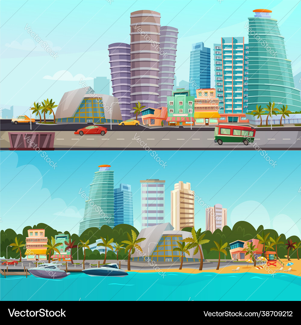 Miami waterfront cartoon banners set Royalty Free Vector
