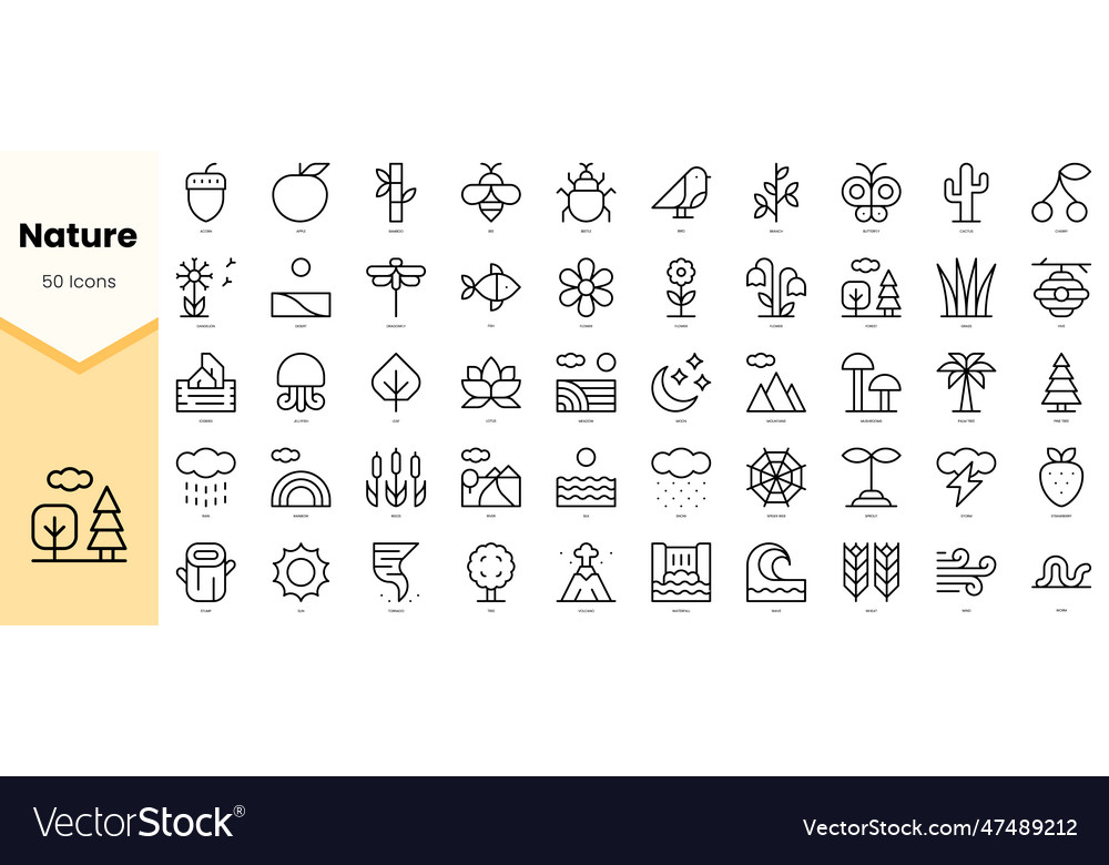 Set of nature icons simple line art style Vector Image