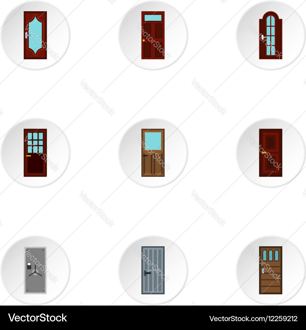 Types of doors icons set flat style Royalty Free Vector