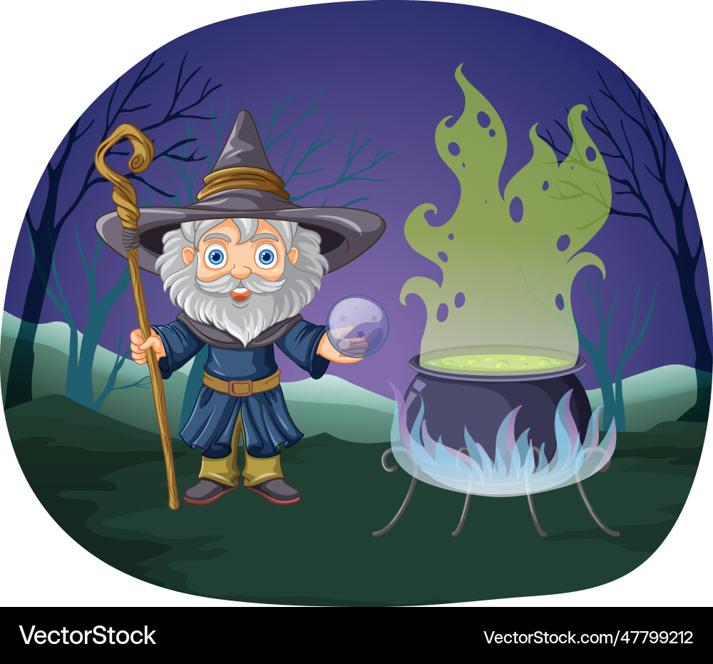 Wizard cartoon character with potion cauldron Vector Image