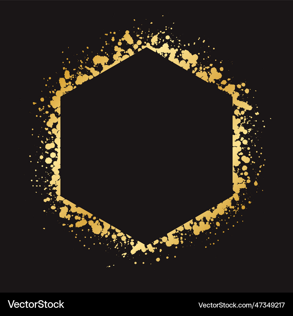Abstract hexagon gold ink splatter frame golden Vector Image