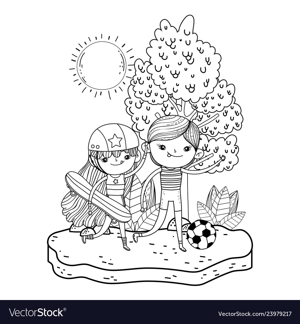 Cute little kids in skateboard and playing soccer Vector Image