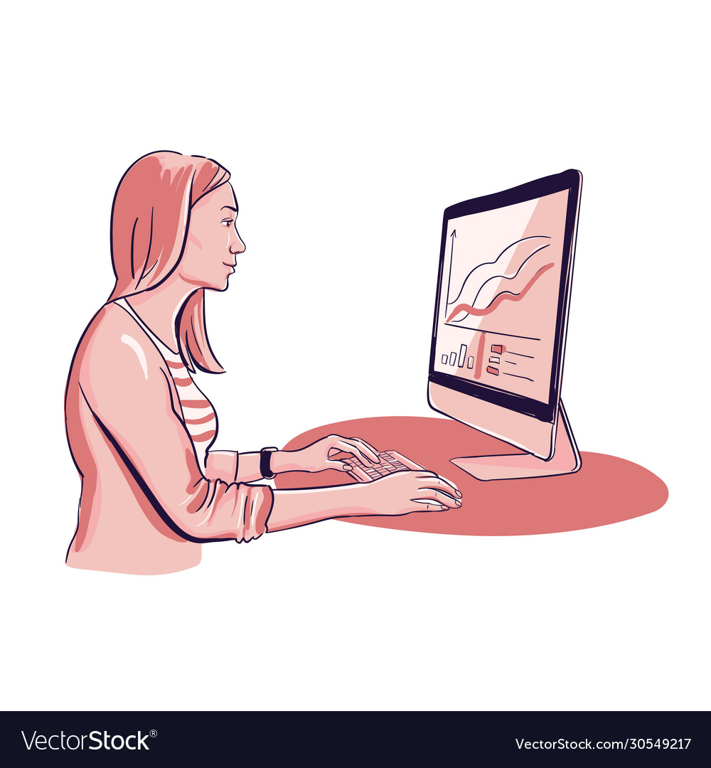 Woman is working on computer Royalty Free Vector Image