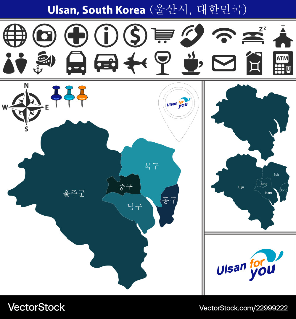 Map ulsan with districts south korea Royalty Free Vector