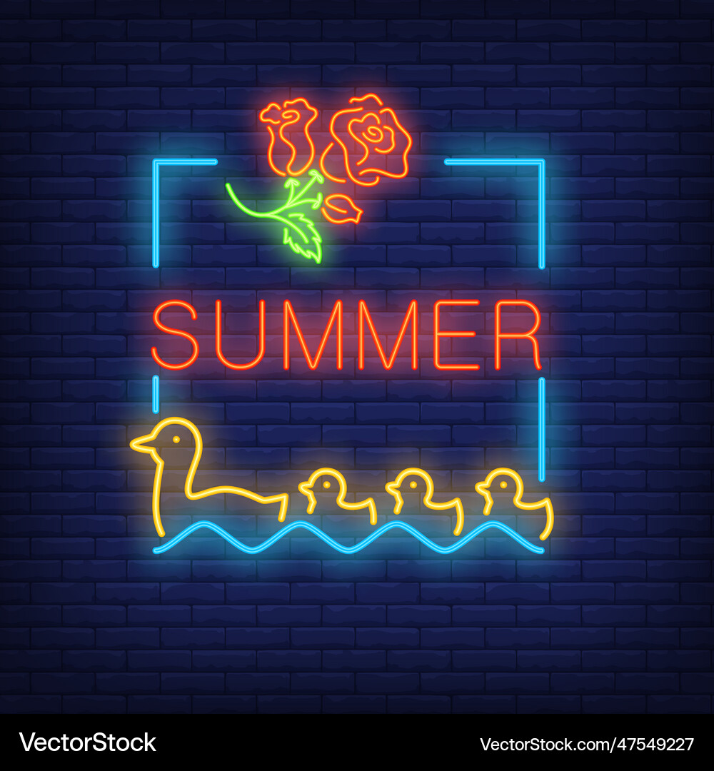 Summer neon text in frame with roses and duck with
