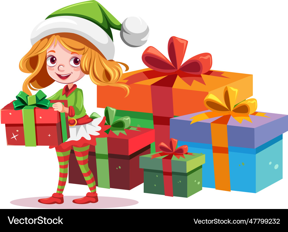 Christmas elf cartoon character with gift box Vector Image