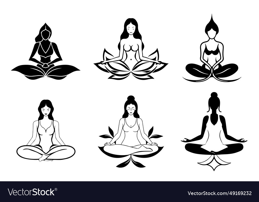 Girl Sitting In Lotus Positionyoga Set Of Symbols Vector Image