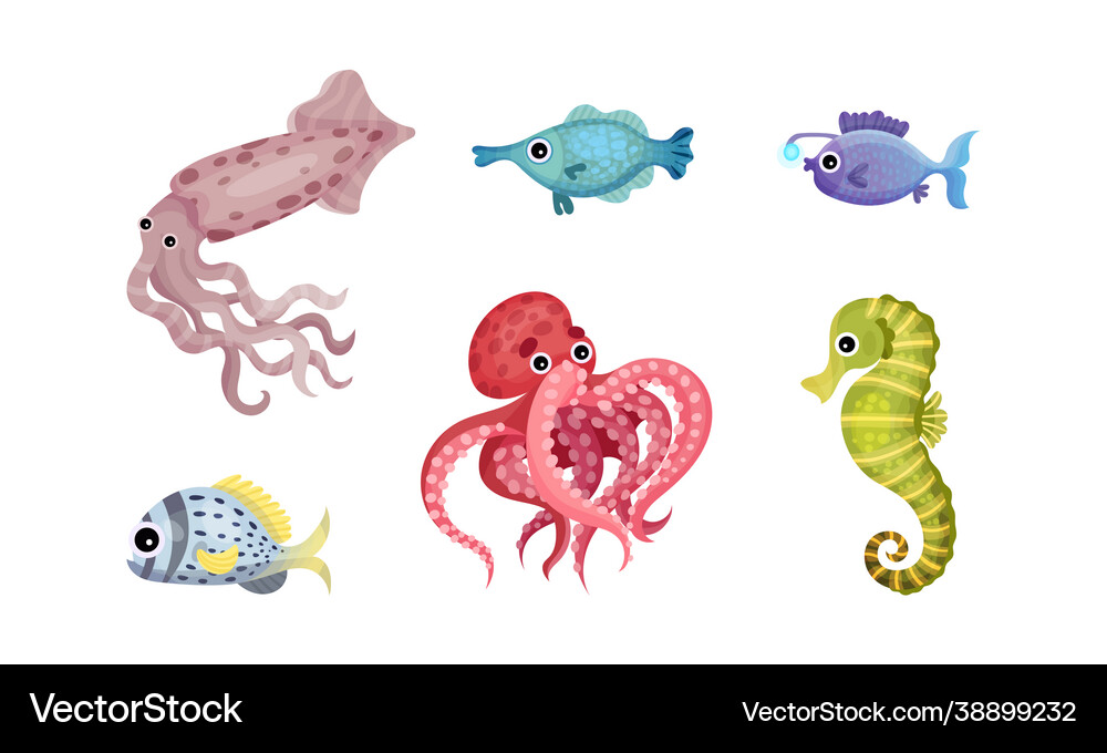 Marine animals with squid and octopus set Vector Image