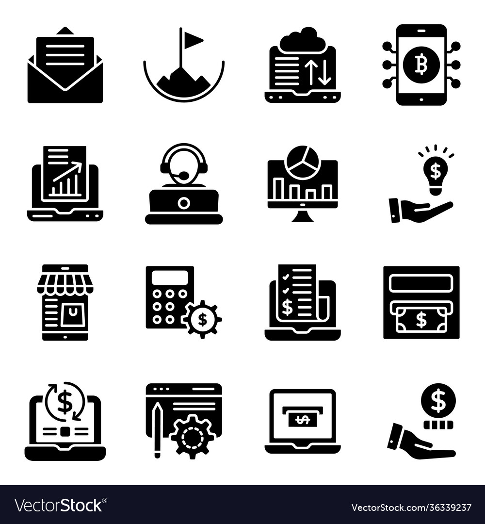 Online data analytics solid icons pack Royalty Free Vector
