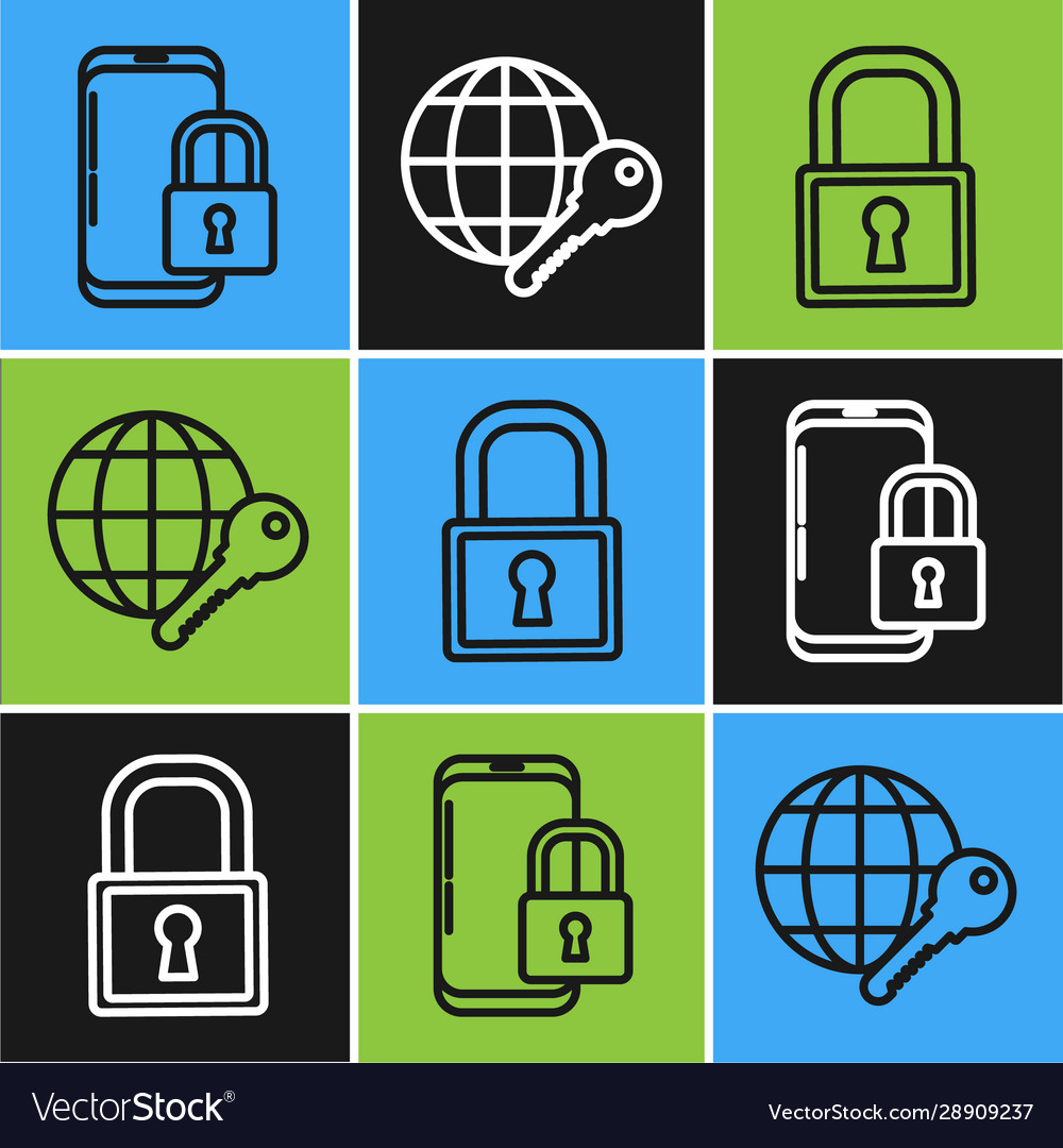 Set line smartphone with closed padlock lock Vector Image