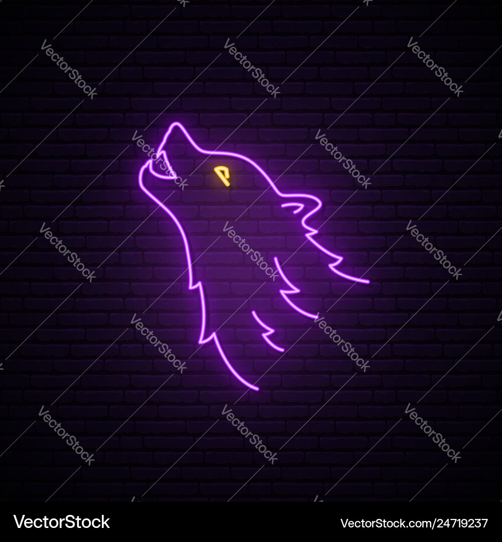 Wolf head neon sign purple wild bright Royalty Free Vector