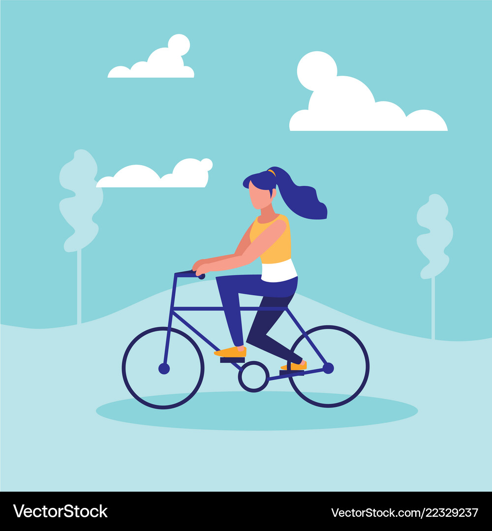 Woman practicing cycling in landscape Royalty Free Vector