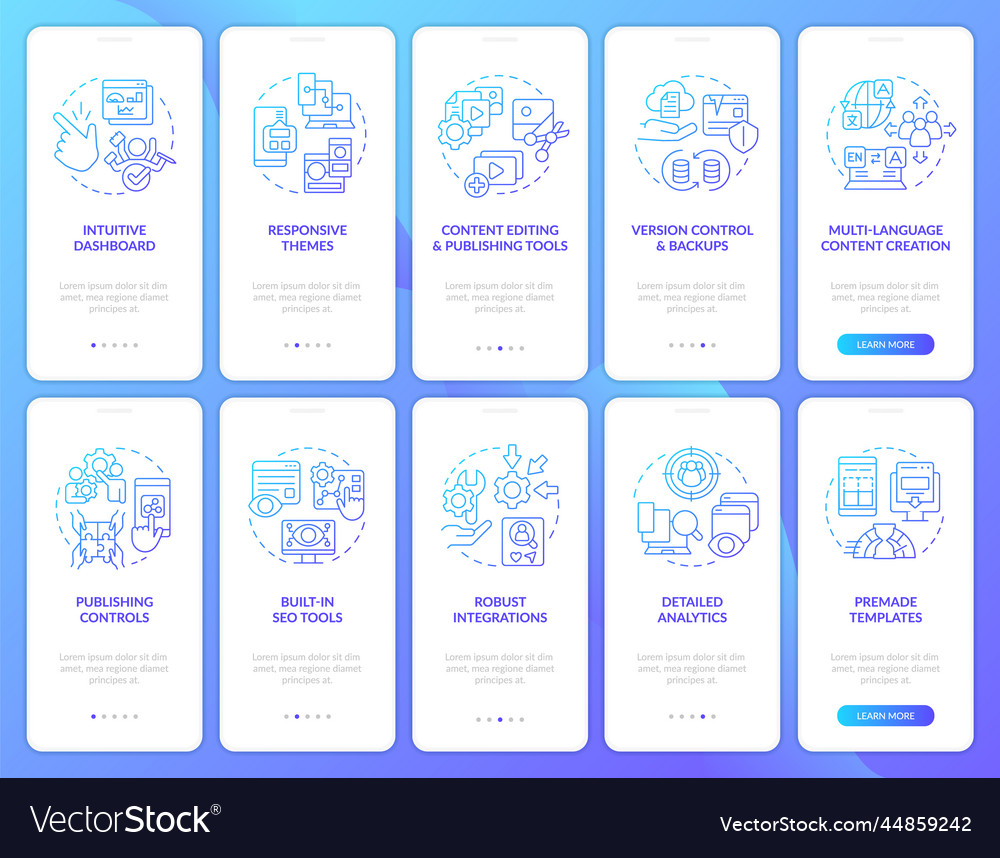 Cms functionalities blue gradient onboarding Vector Image