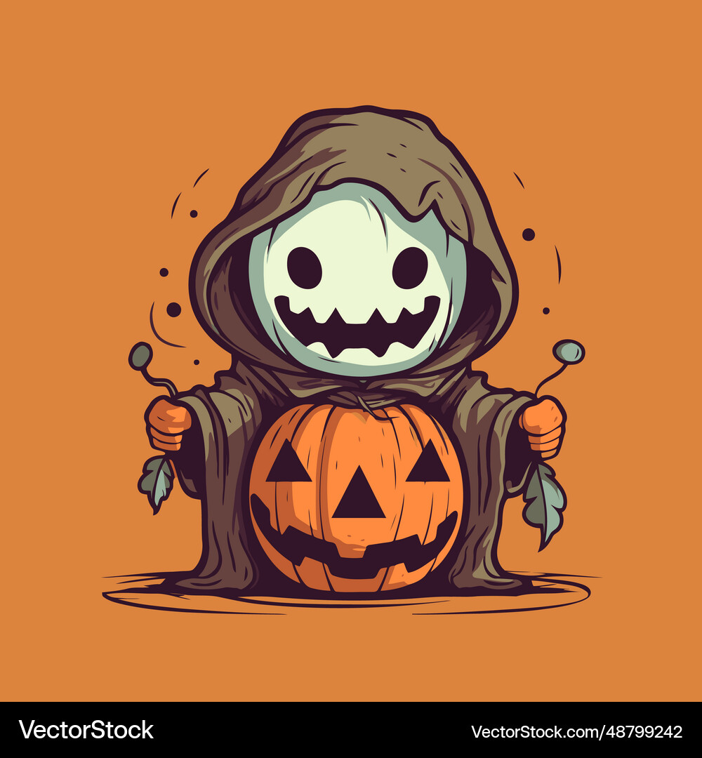 Halloween cute cartoon ghost with a pumpkin Vector Image