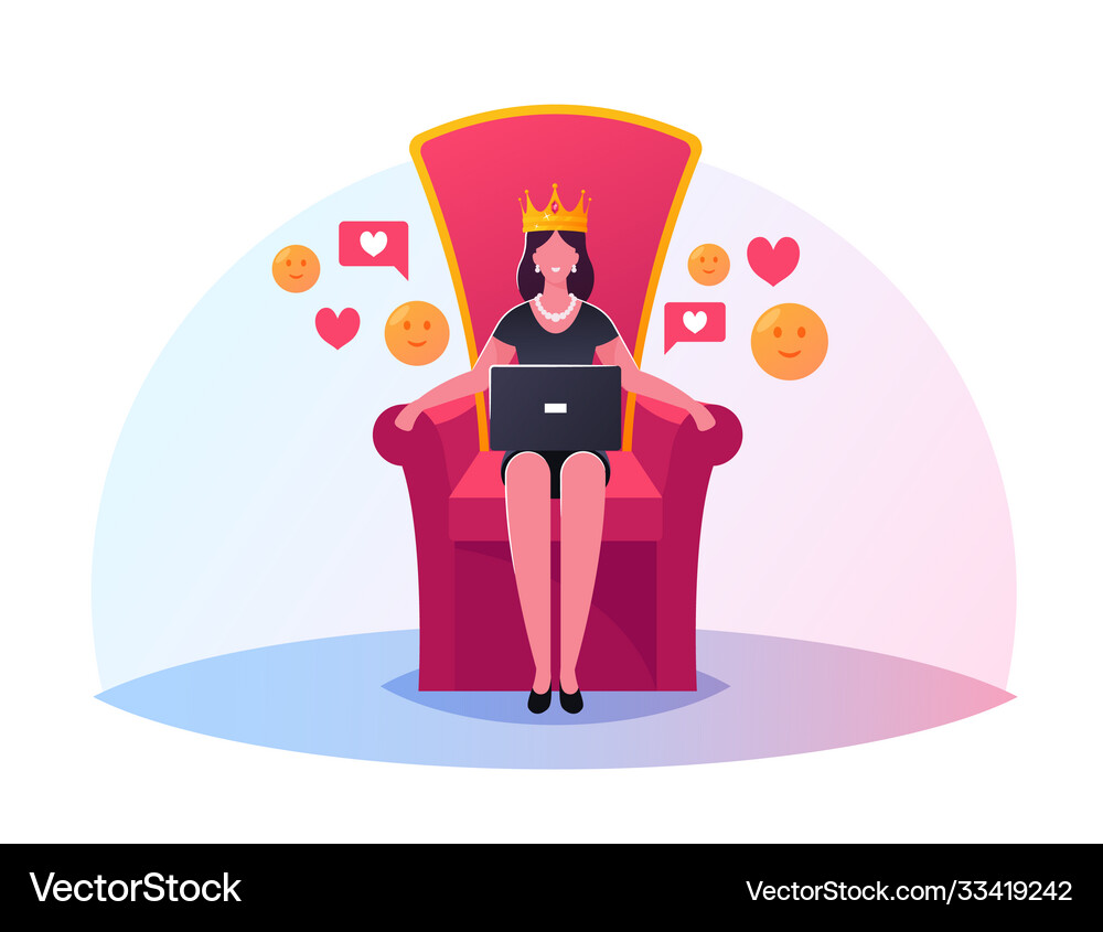 Queen character with laptop in hands sitting Vector Image