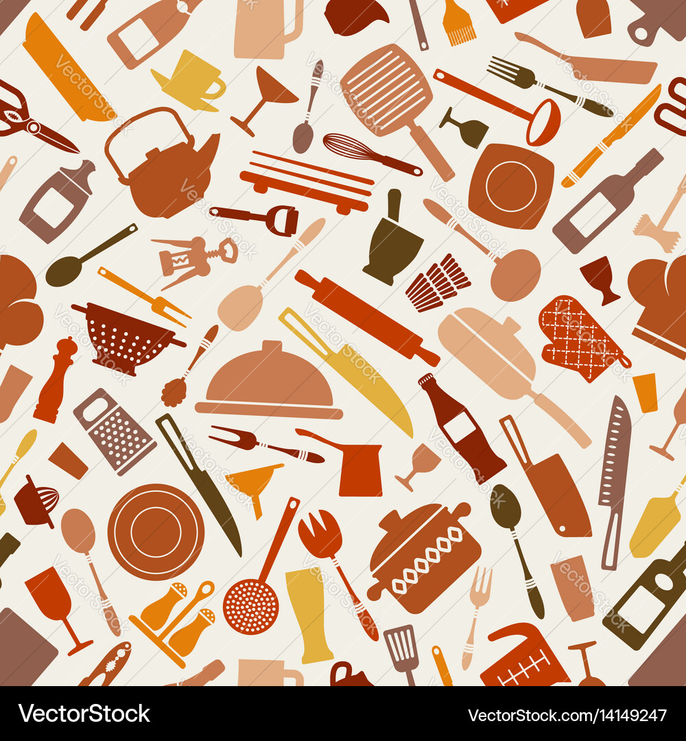 Cookware kitchen seamless pattern in brown shades Vector Image