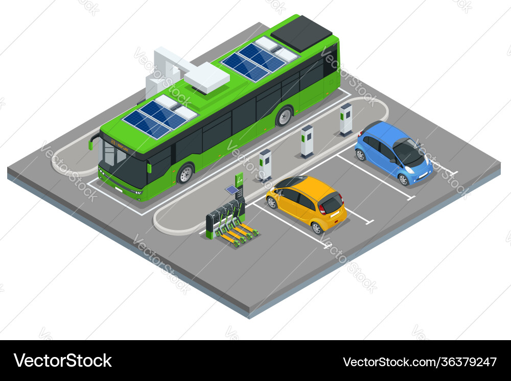 Isometric an electric bus a bus that is powered Vector Image