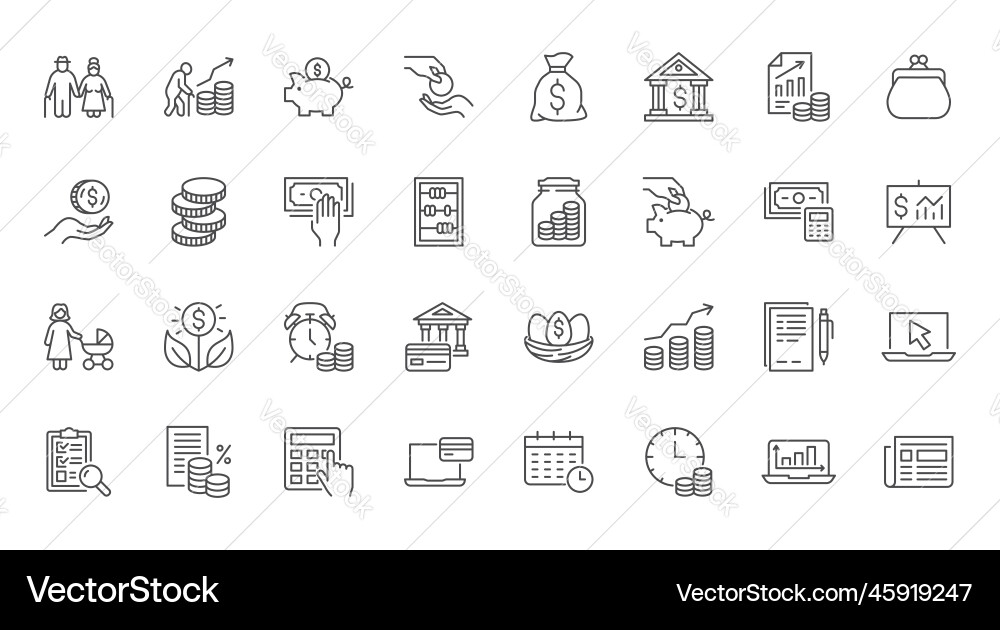 Pension savings line icons set retire plan Vector Image