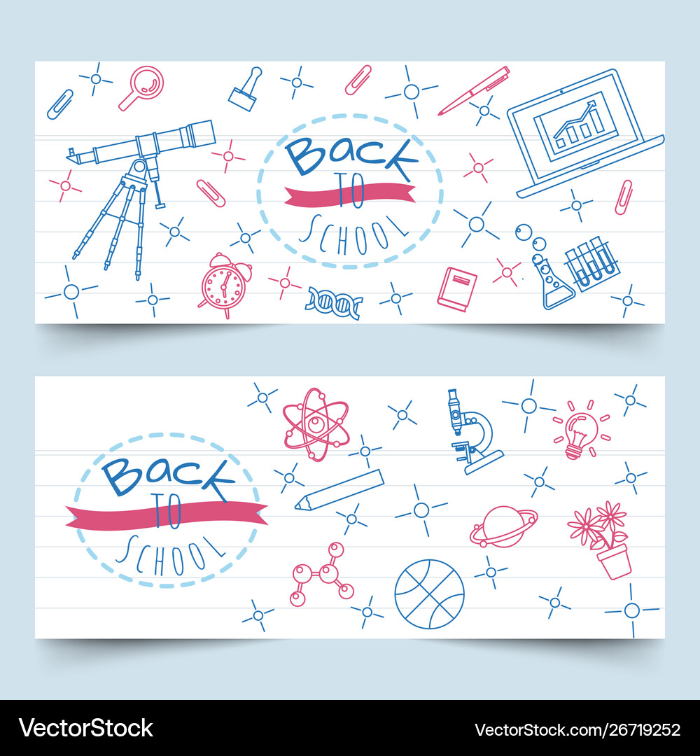 Back to school line art on notebook paper banners Vector Image