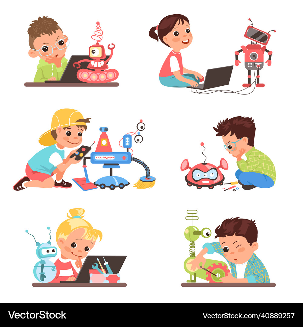 Children assemble robots cute kids electronic Vector Image
