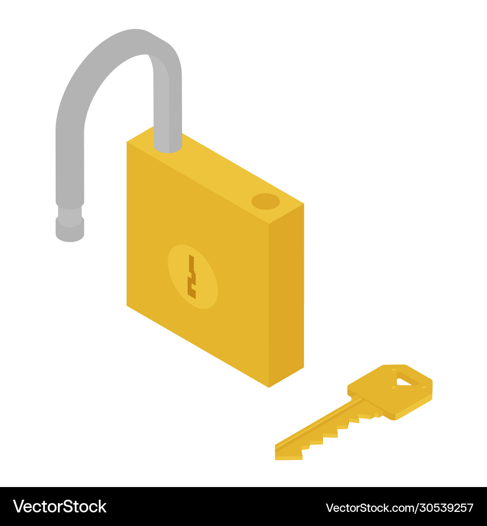 Golden unlocked padlock and key isometric view Vector Image
