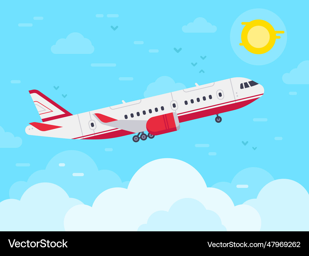 Airplane flying in sky jet plane fly clouds Vector Image