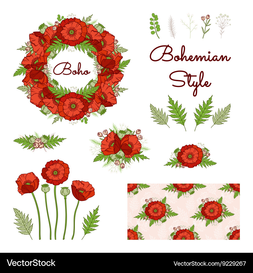 Bohemian style collection with poppies Royalty Free Vector