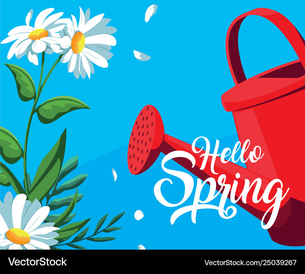 Hello spring card with flowers and sprinkler Vector Image