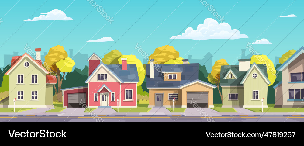 Modern street with various houses front view Vector Image