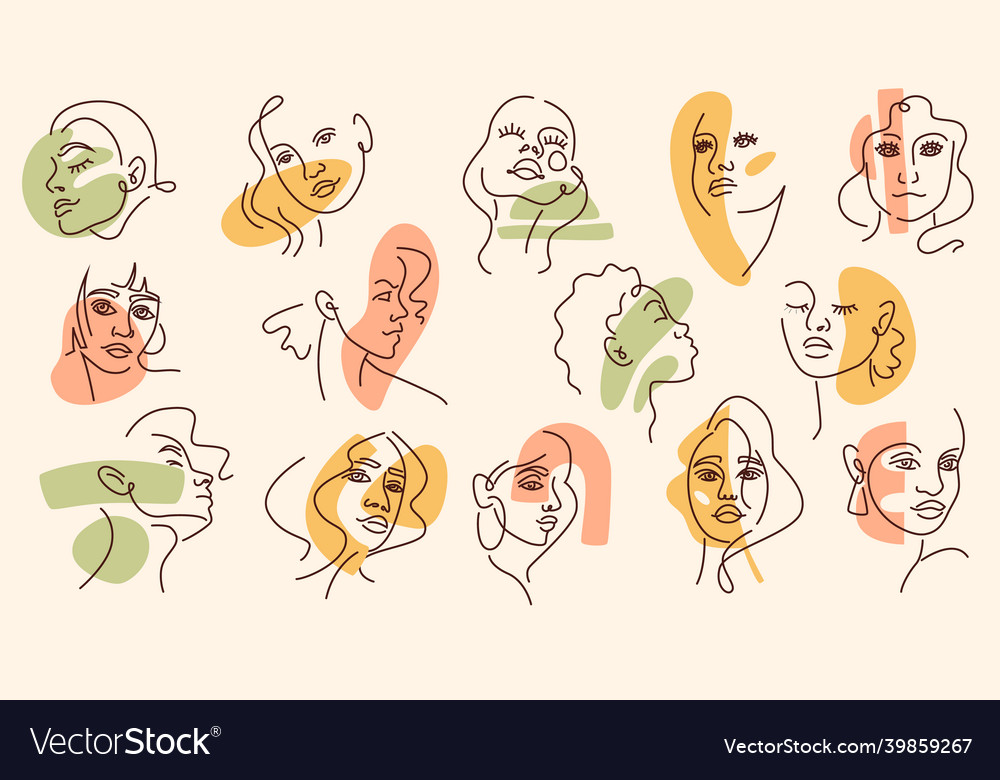 Woman Faces Doodles In Abstract Design Trendy Set Vector Image