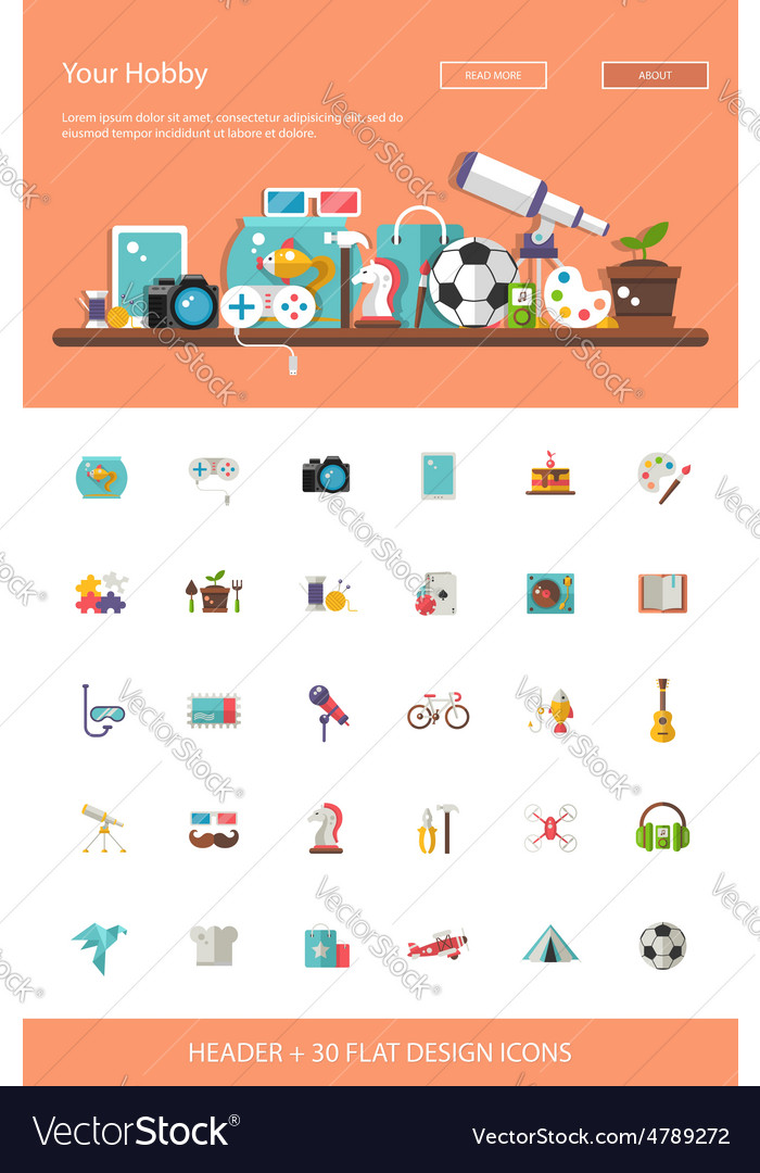 Header with modern flat design hobby icons Vector Image