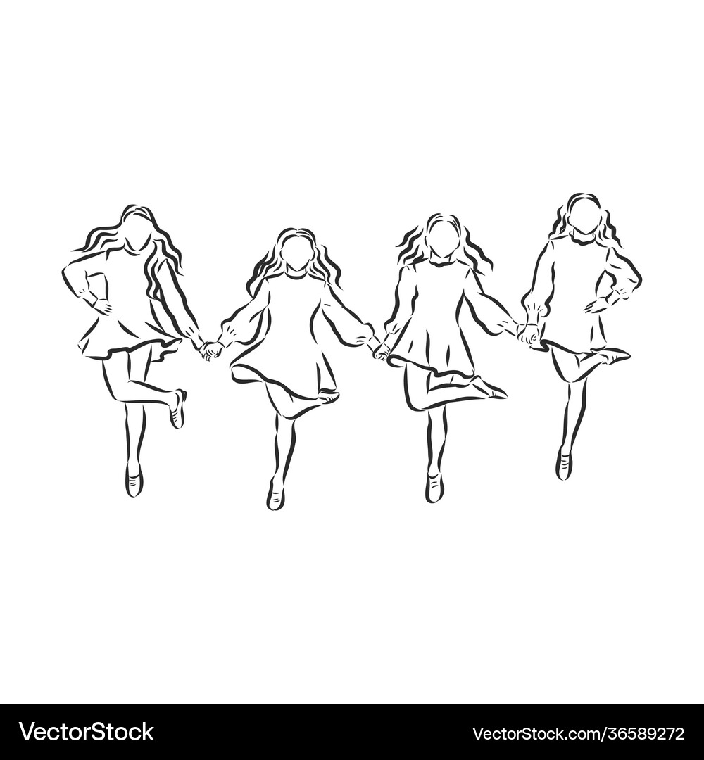 Irish dance troupe jumping together in Royalty Free Vector
