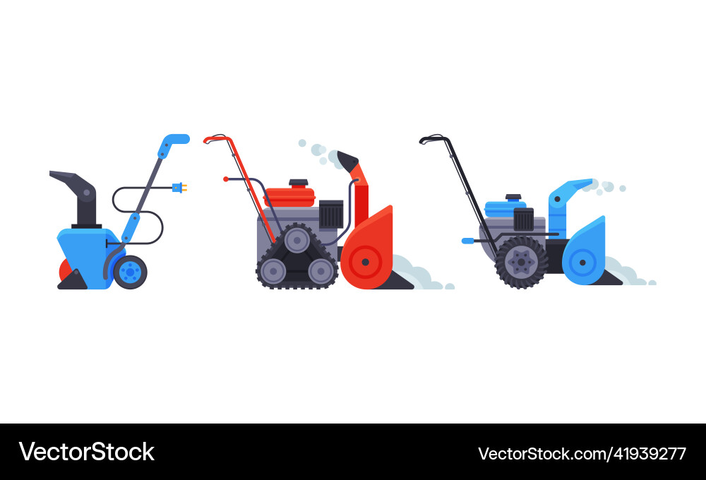 Snowblowers set snow removal equipment Royalty Free Vector