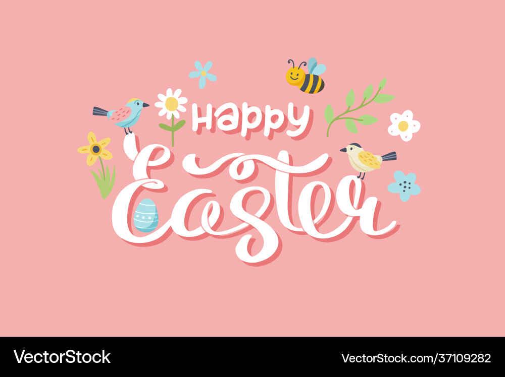 Happy easter lettering with birds butterflies Vector Image