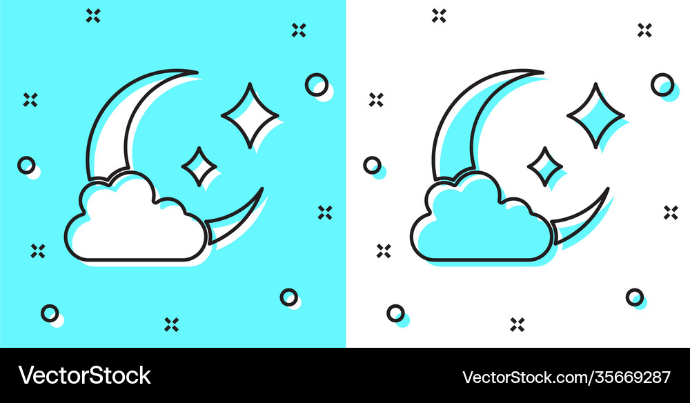 Black line cloud with moon icon isolated on green Vector Image