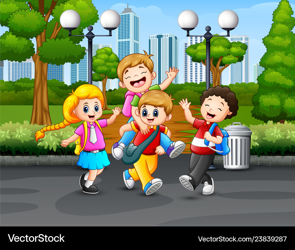 Happy school kids playing in park Royalty Free Vector Image
