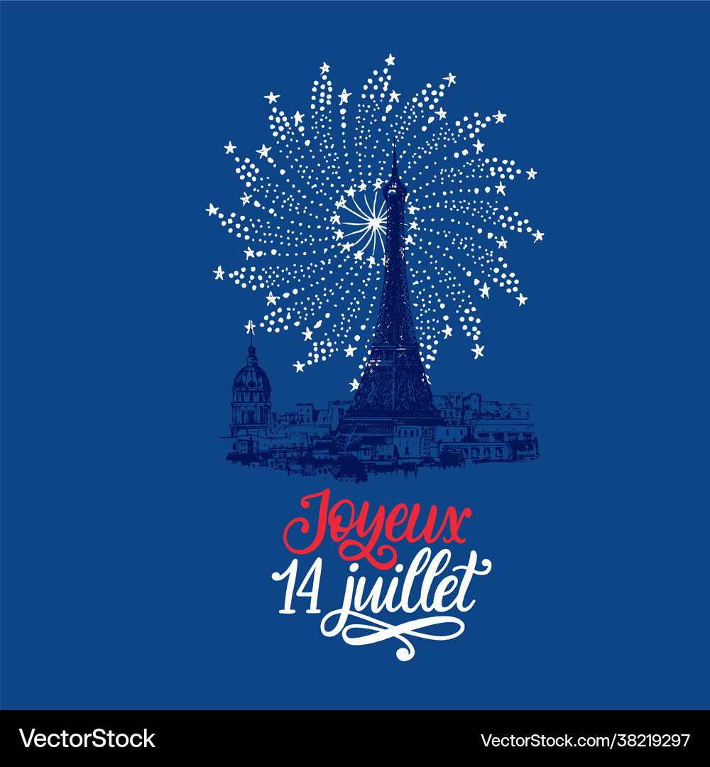14 july hand lettering on eiffel tower background Vector Image
