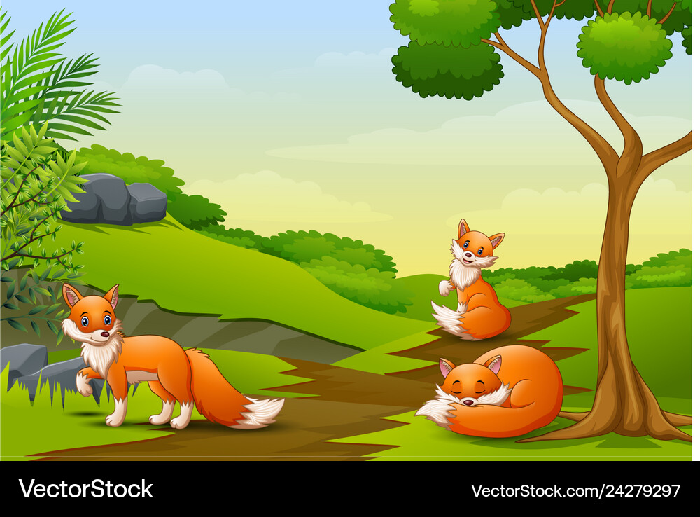 Cartoon three a fox enjoying on field Royalty Free Vector