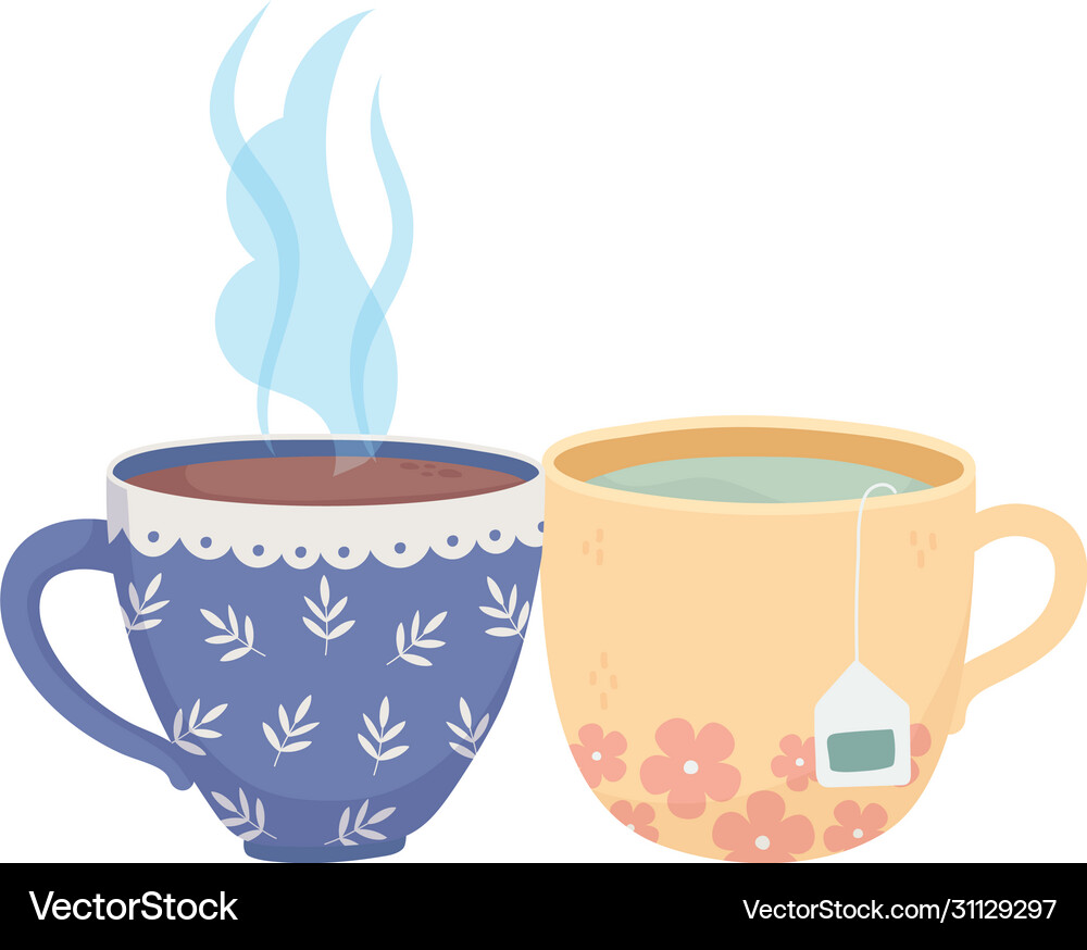 Coffee time cups tea teabag fresh beverage Vector Image