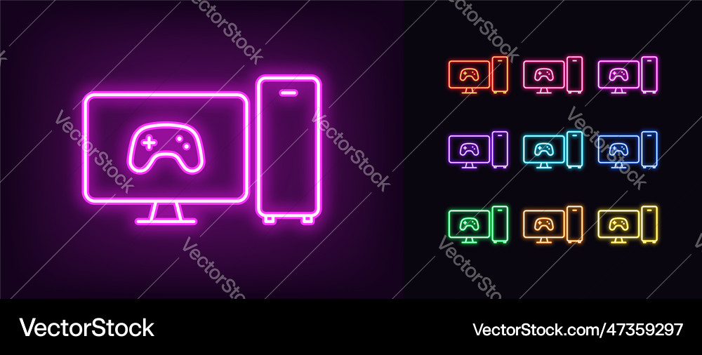 Outline neon gaming pc icon set glowing Royalty Free Vector