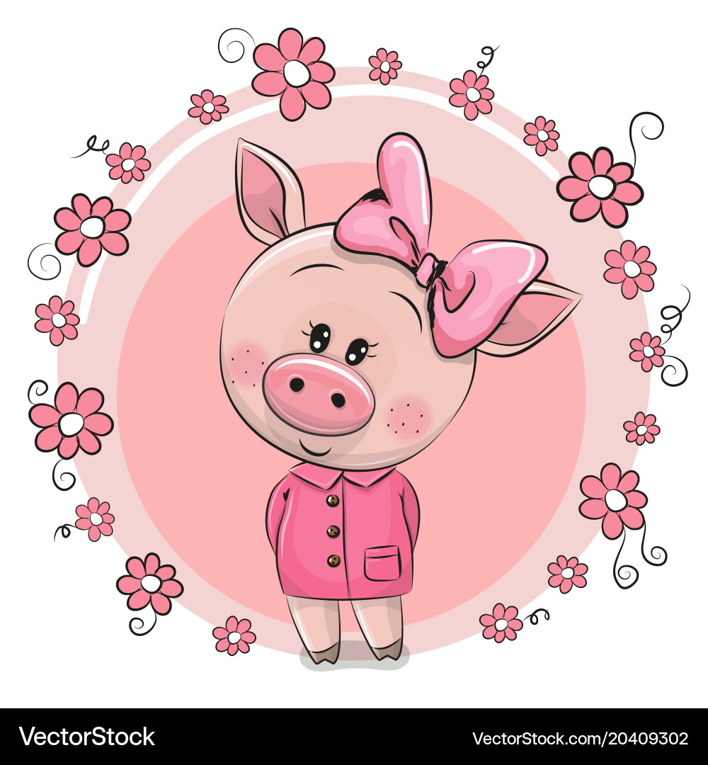 Greeting card cute pig with flowers Royalty Free Vector