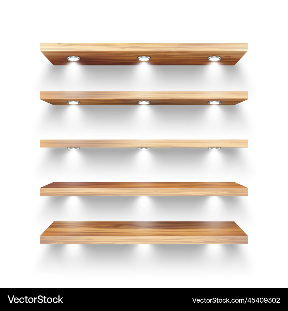 Realistic wooden store shelves with lighting Vector Image