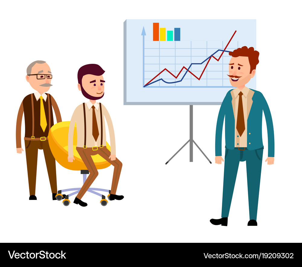 Three businessmen in office with diagrams flat Vector Image