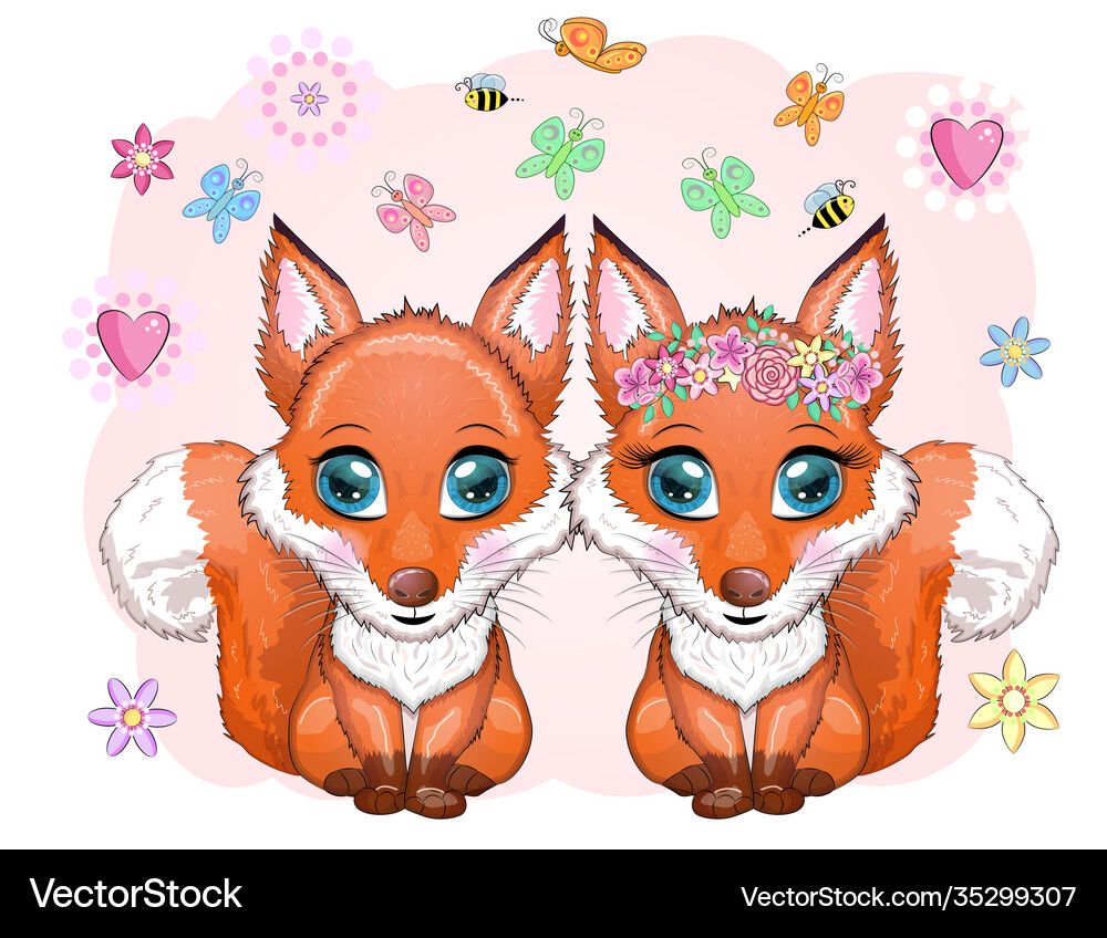 Couple foxes cute character with beautiful Vector Image