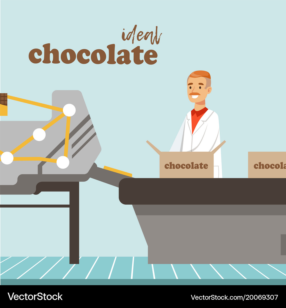 Man packing boxes chocolate on factory conveyor Vector Image