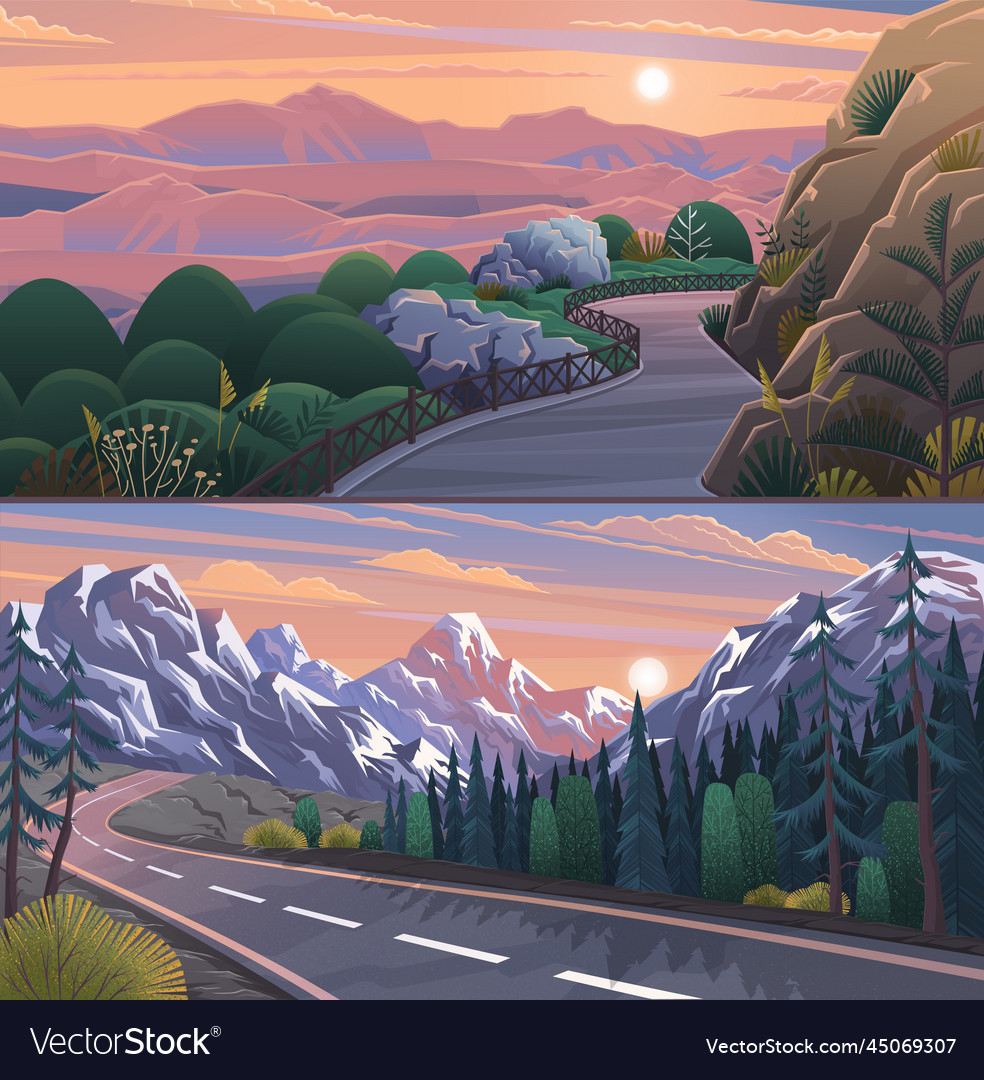 Mountain landscape background on sunset road Vector Image