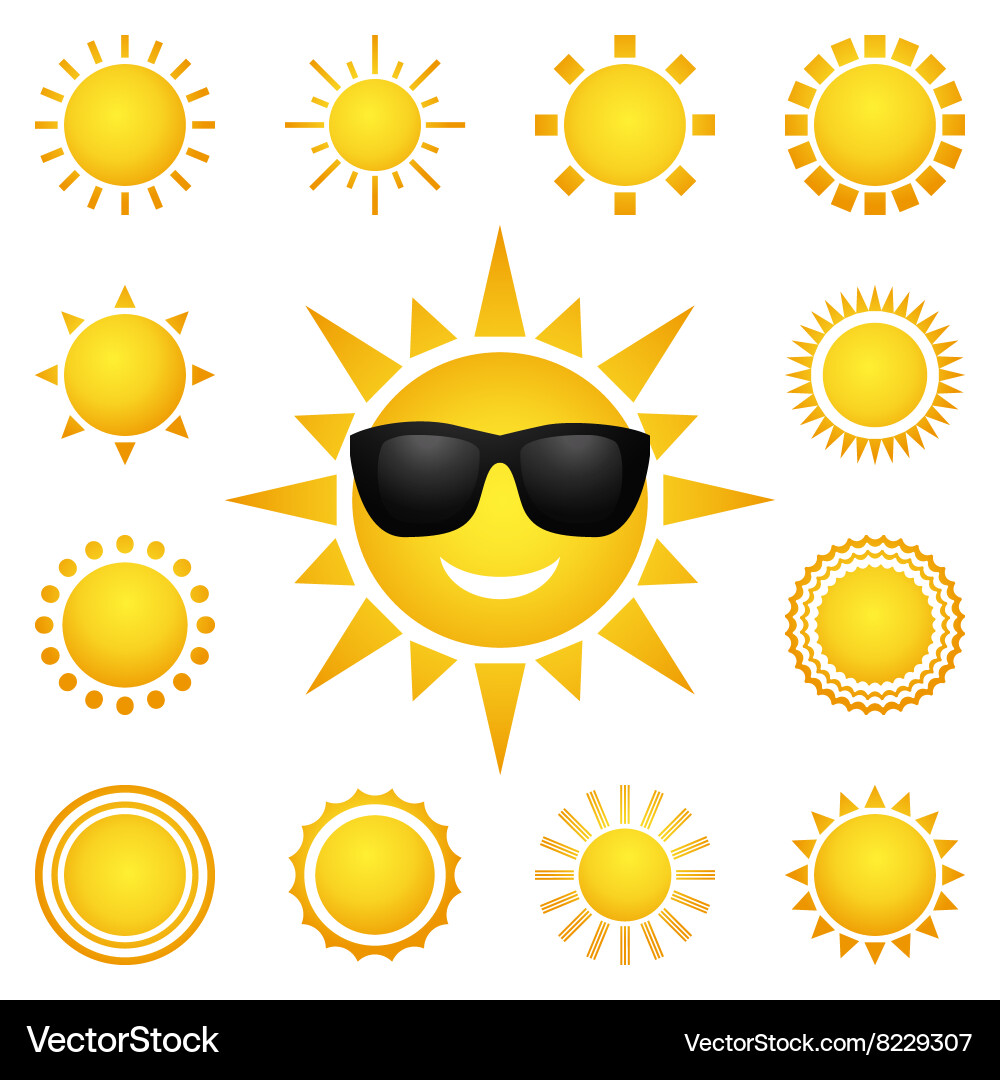 Set of different suns isolated on white Royalty Free Vector
